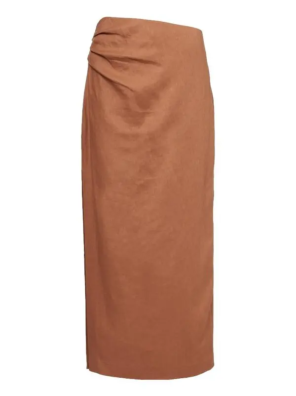 SIR. Asymmetric Ruched Linen Midi Skirt - Brown