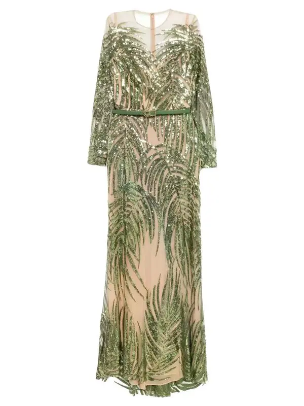 Elie Saab Embroidered Tulle Long Dress - Green
