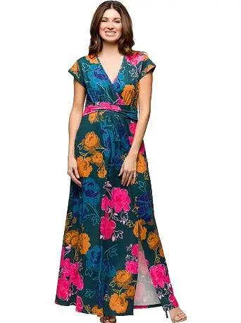 24SEVEN COMFORT APPAREL Maternity Floral Print Cap Sleeve V-neck Maxi Dress - Blue Multi