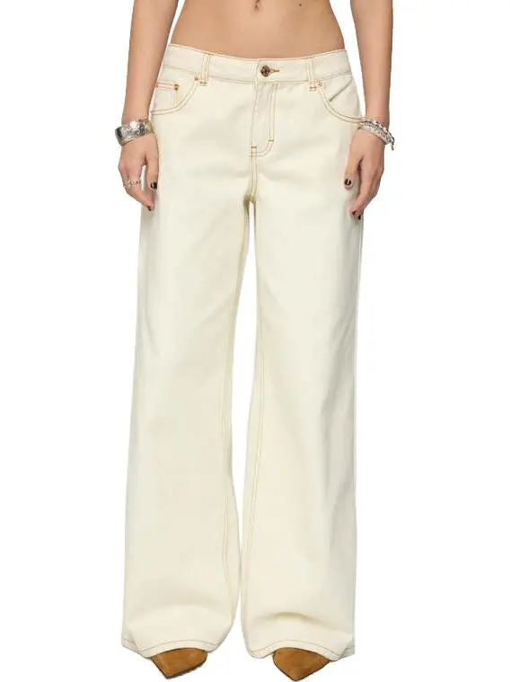 EDIKTED Contrast Stitch Low Rise Wide Leg Jeans - Cream
