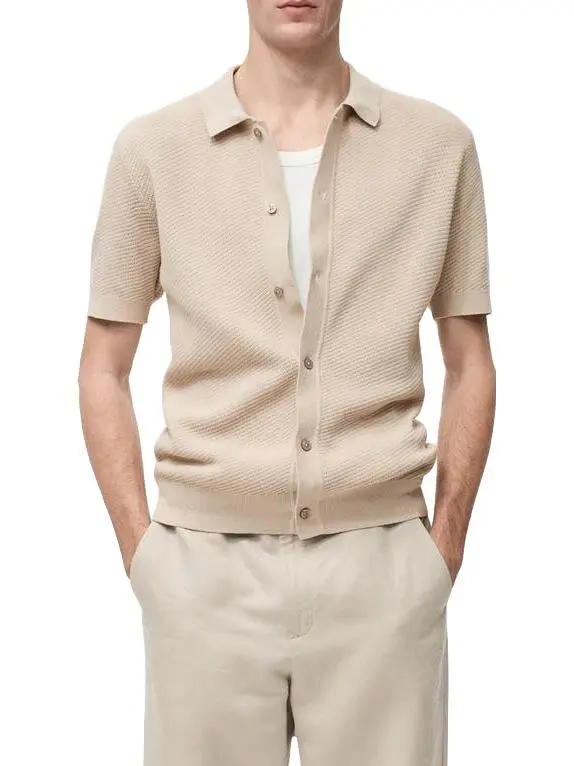 Mango Openwork Short Sleeve Cotton Button-up Shirt - Sand