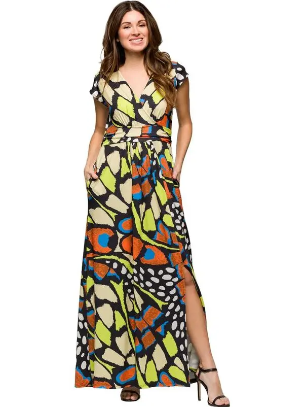 24SEVEN COMFORT APPAREL Butterfly Print Cap Sleeve Maxi Dress - Orange Multi