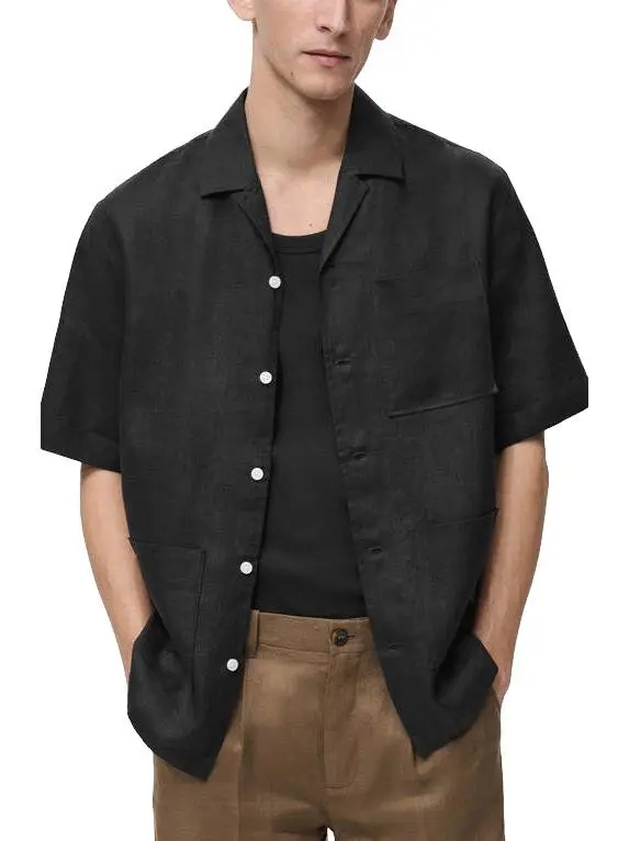 Mango Short Sleeve Linen Button-up Shirt - Black