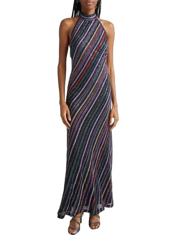 Missoni Sequin Stripe Metallic Knit Halterneck Dress - Purple Black Orange Multi