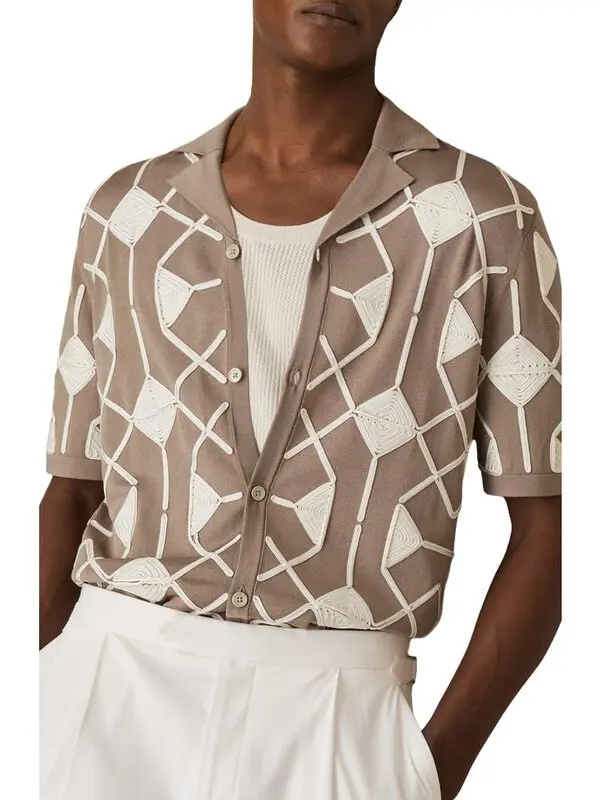 REISS Terrazzo Soutache Short Sleeve Cardigan - Taupe Brown