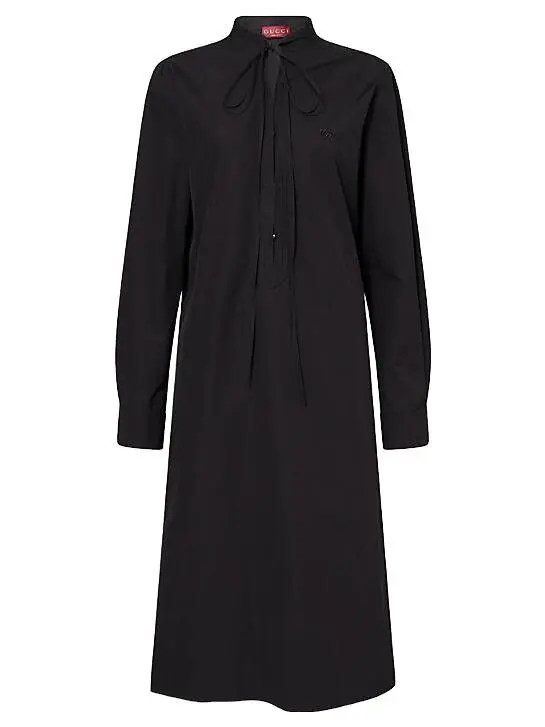 Gucci Belted Band-collar Cotton-poplin Midi Dress - Black