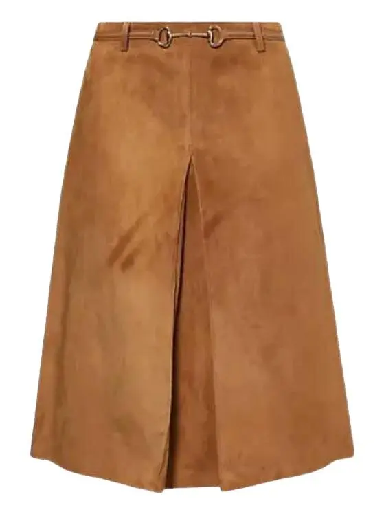 Gucci Horsebit Pleated Suede Midi Skirt - Cuir