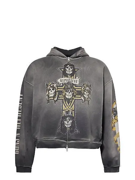 REPRESENT Guns N' Roses Exclusive Tour Cotton-jersey Zip Up Hoodie - Stained Black