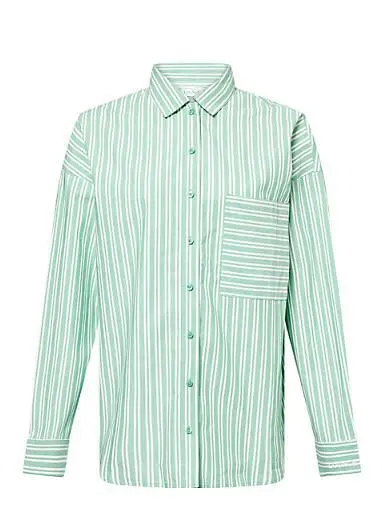 Lounge Oversized Pinstripe Cotton Shirt - Green