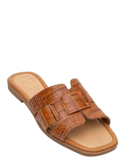 FOREVER & ALWAYS SHOES Notre Leather Slide Sandal - Cognac Brown Leather