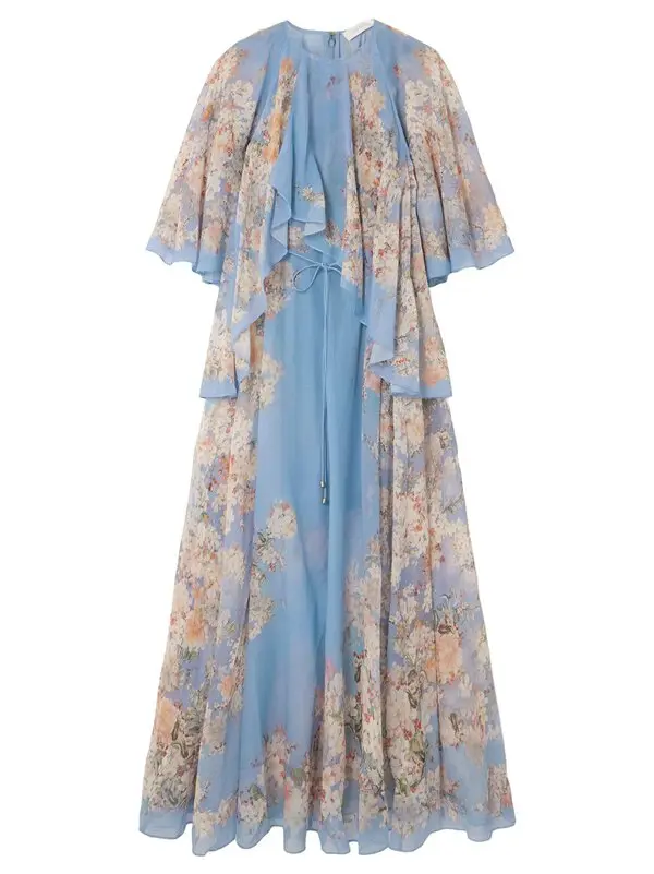 Zimmermann Cascadian Tiered Ruffled Floral-print Recycled-georgette Maxi Dress - Blue