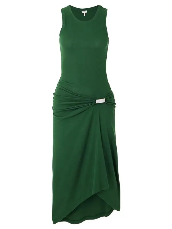 Loewe Asymmetric Ruched Ribbed Jersey Dress - Green