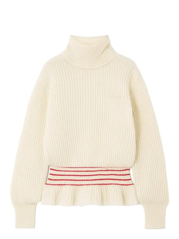 Chloé Turtleneck Striped Peplum Sweater - Cream