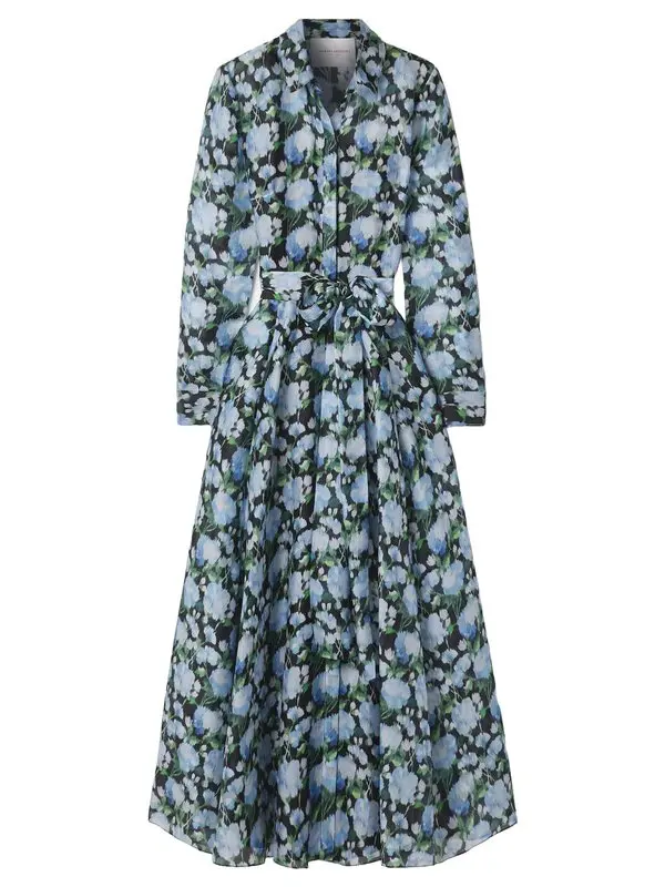 Carolina Herrera Belted Floral-print Silk-organza Midi Shirt Dress - Blue