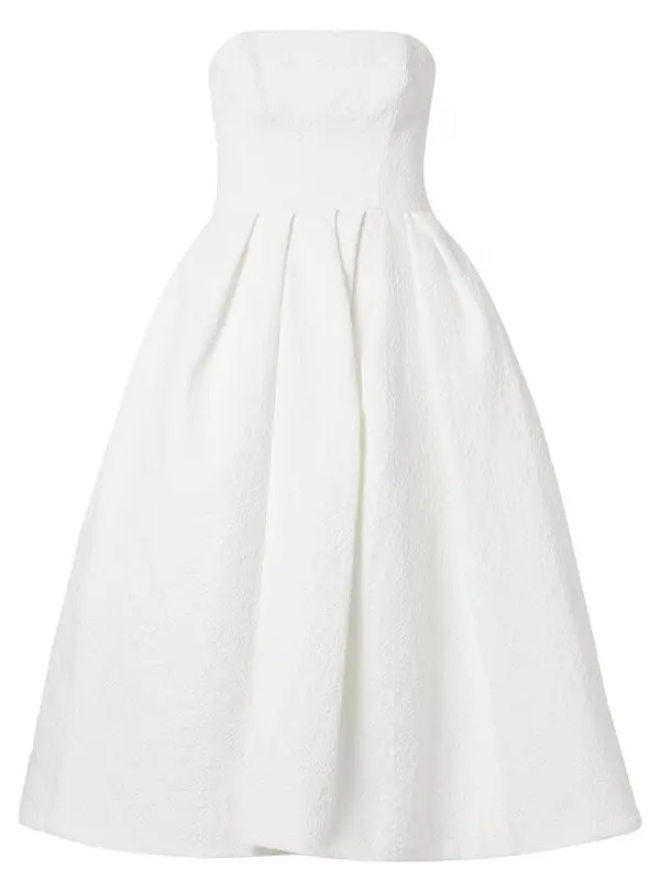 Carolina Herrera Strapless Pleated Cotton-blend Cloqué Midi Dress - White