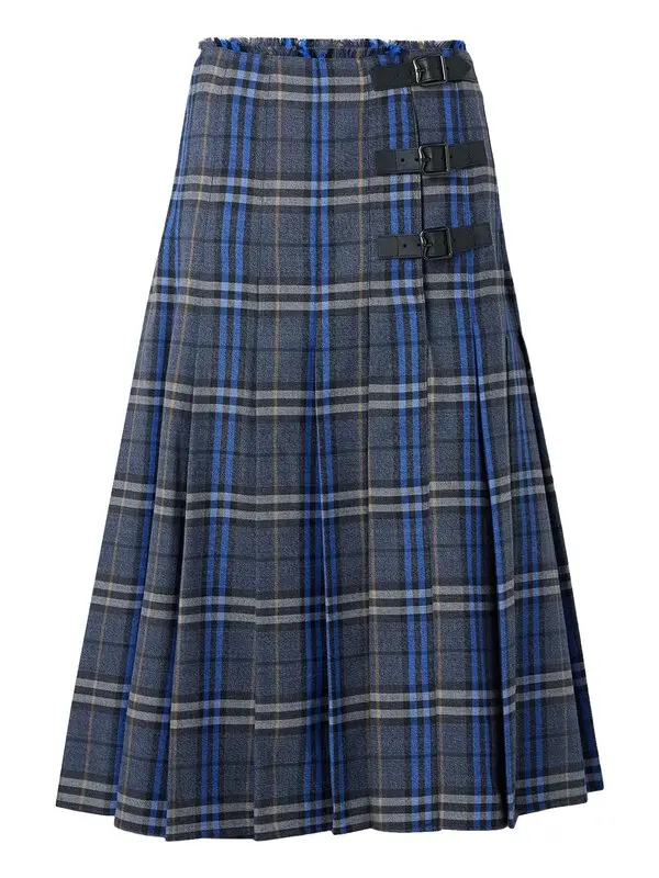 Burberry Leather-trimmed Pleated Checked Wool Midi Skirt - Multi
