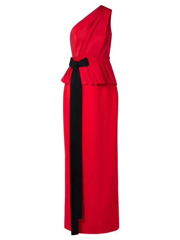 Carolina Herrera One-shoulder Grosgrain-trimmed Gathe Crepe Gown - Red