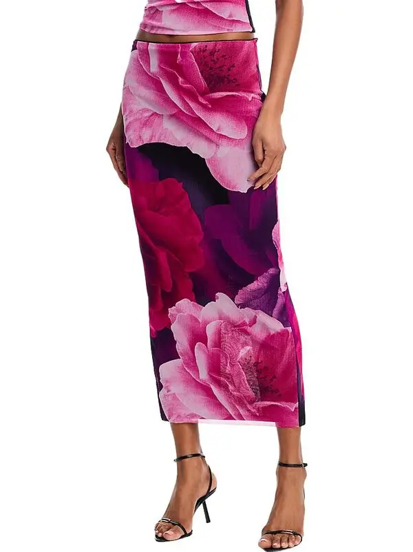 Aqua Floral Mesh Midi Skirt - Black Floral