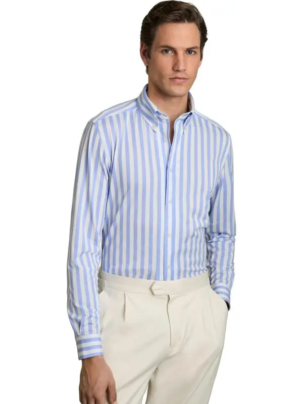 REISS Tobin Striped Jersey Button Down Shirt With Cotton - Pale Blue Stripe