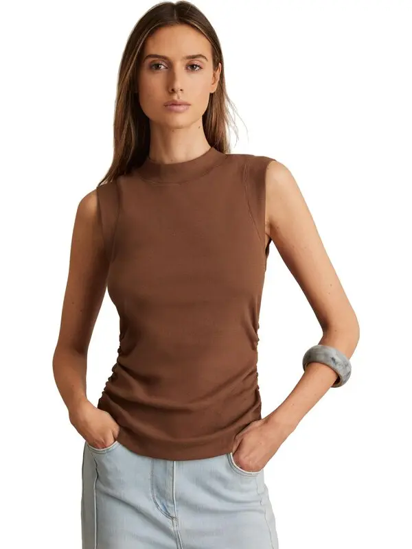 REISS Ruched Waist Sleeveless Top - Toffee Brown
