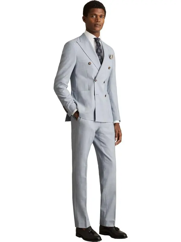 REISS Db Belmont Db Double-breasted Textured Suit Blazer With Wool Slim-fit - Soft Blue