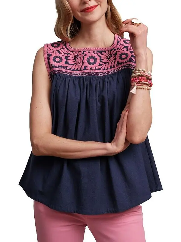 FRANCES VALENTINE Jess Floral Embroidered Top - Navy/pink