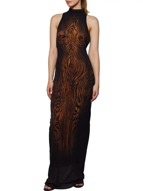 Jean Paul Gaultier Mesh Long Dress With Wood Print - Black