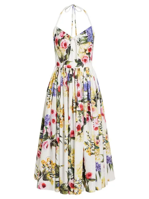 Dolce & Gabbana Floral-print Cotton-poplin Halterneck Midi Dress - White