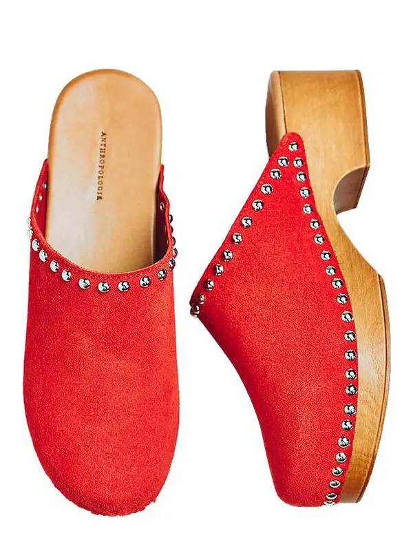 Anthropologie Studded Wood-bottom Clogs - Red Suede