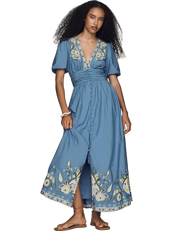 Anthropologie Katerina Embroidered Maxi Dress - Blue Pattern