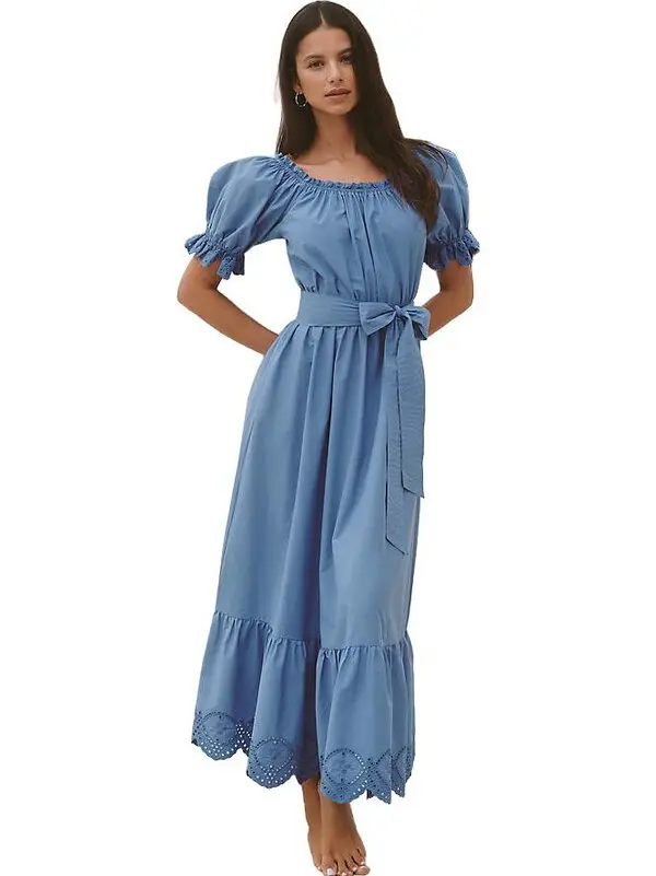 SNDYS Meline Puff-sleeve Off-the-shoulder Midi Dress - Blue