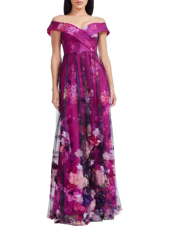 Dress The Population Aurea Floral Off-the-shoulder Gown - Dark Magenta Multi