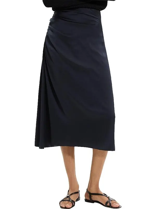 Theory Crushed Satin Ruched Midi Skirt - Nocturnal Navy