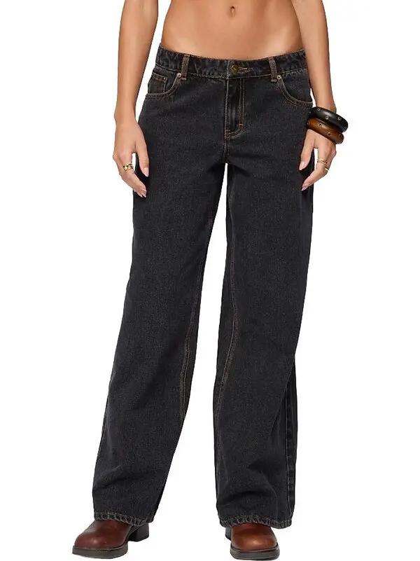 EDIKTED Contrast Stitch Low Rise Wide Leg Jeans - Black-washed