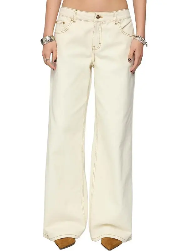 EDIKTED Contrast Stitch Low Rise Wide Leg Jeans - Cream
