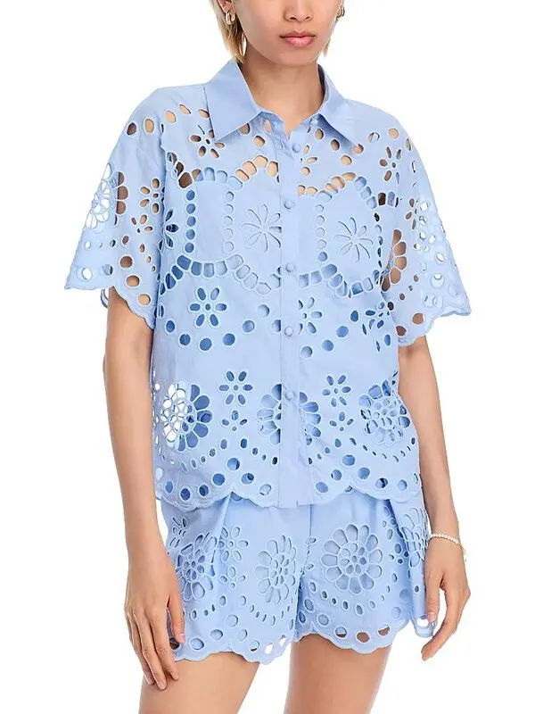 Aqua Floral Eyelet Short Sleeve Top - Light Blue