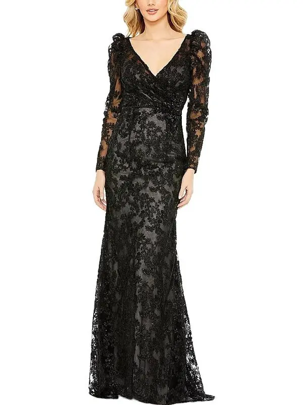 Mac Duggal Embroidered Lace Wrap Gown With Puff Sleeves - Black