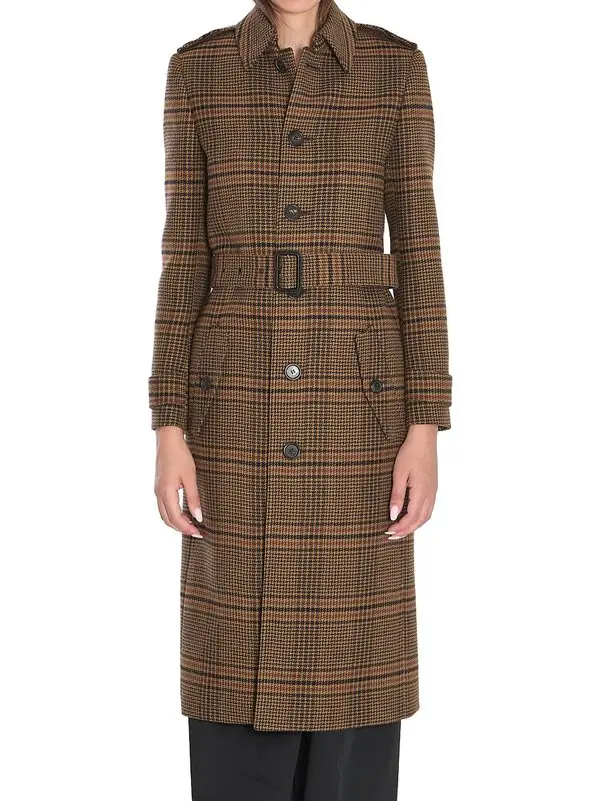 Saint Laurent Long Coat In Prince Of Wales Wool - Brown