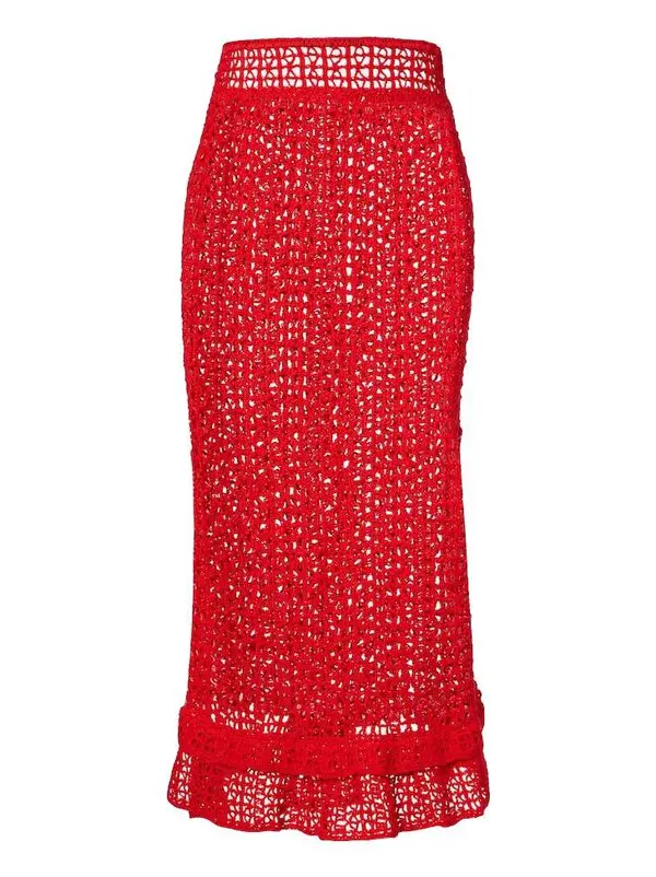 Anna Kosturova Rosette Crochet Cotton Maxi Skirt - Red