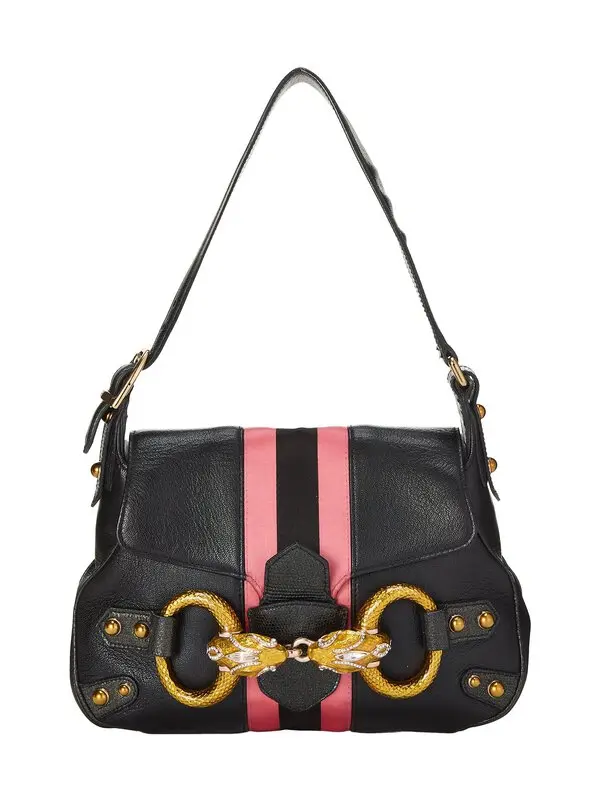 Gucci Leather Jeweled Snake Shoulder Bag - Black