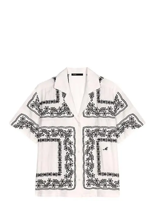 Maje Embroidered-trim Linen-blend Shirt - Ecru / Black