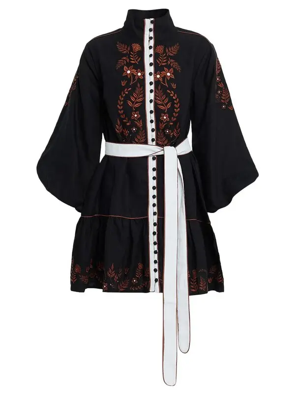 PALM NOOSA Embroidered Flounce Linen Mini Dress - Rosewood Embroidery