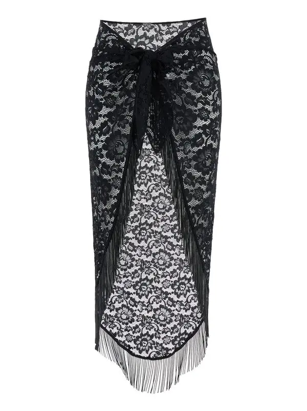 VENUJA Bohemia Skirt With Fringed Hem And All-over Lace Embroidery - Black