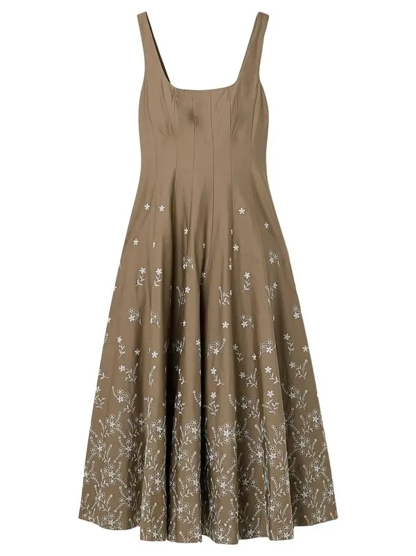 Staud Wells Pleated Embroidered Midi Dress - Neutrals