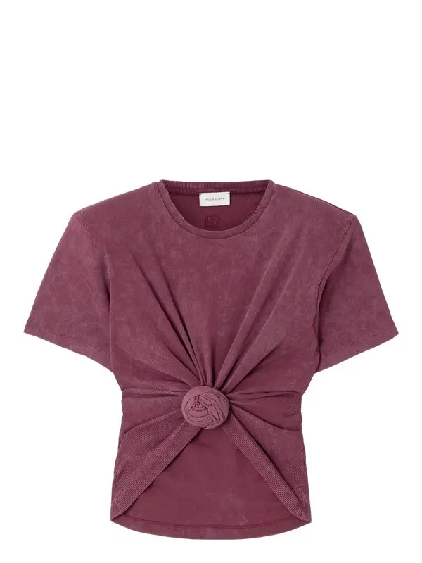Magda Butrym Cropped Knotted Cotton-blend Jersey T-shirt - Burgundy