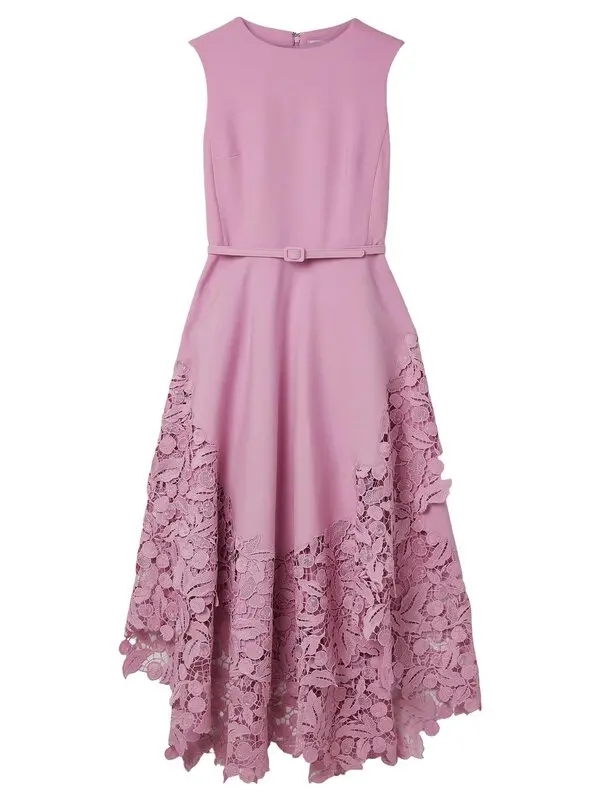 Oscar De La Renta Belted Guipure Lace-trimmed Wool-blend Crepe Midi Dress - Pink