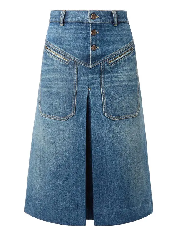 Chloé Pleated Paneled Denim Midi Skirt - Blue