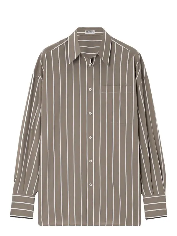 Brunello Cucinelli Bead-embellished Striped Cotton-blend Poplin Shirt - Brown