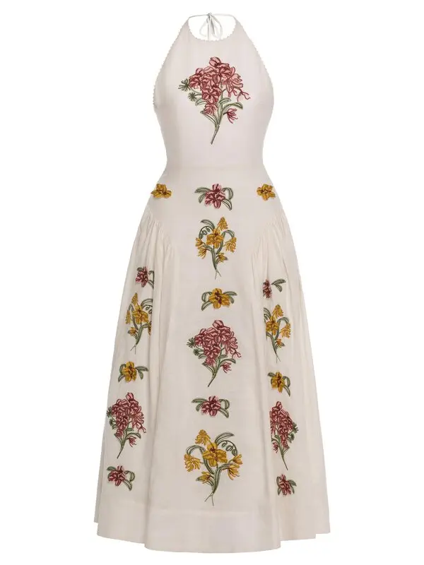 Agua Bendita Balsa Embroidered Linen Midi Halter Dress - White