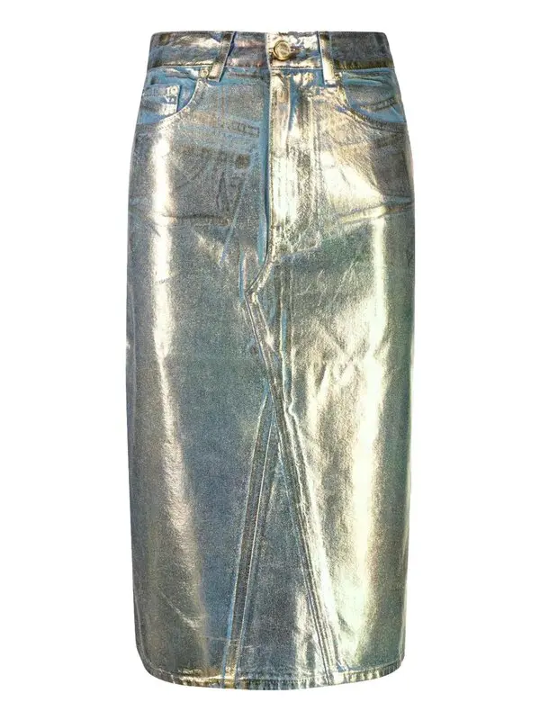 GANNI Metallic Finish Denim Midi Skirt - Blue